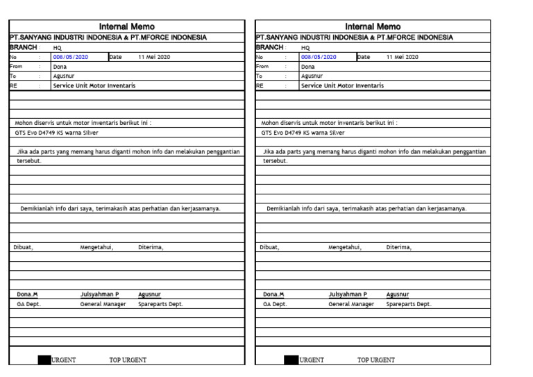 Internal Memo Service Kendaraan | PDF
