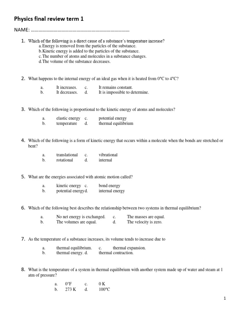 Physics Final Review Term 1 | PDF | Temperature | Heat