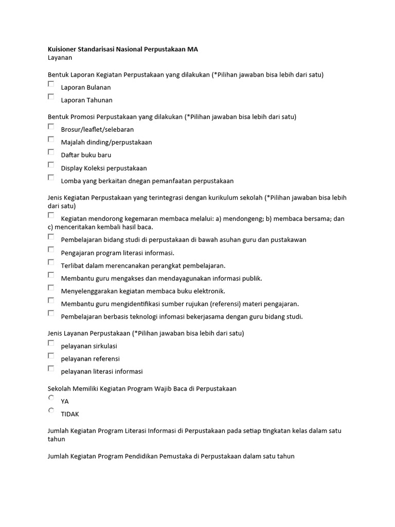 Kuisioner Standarisasi Nasional Perpustakaan MA | PDF