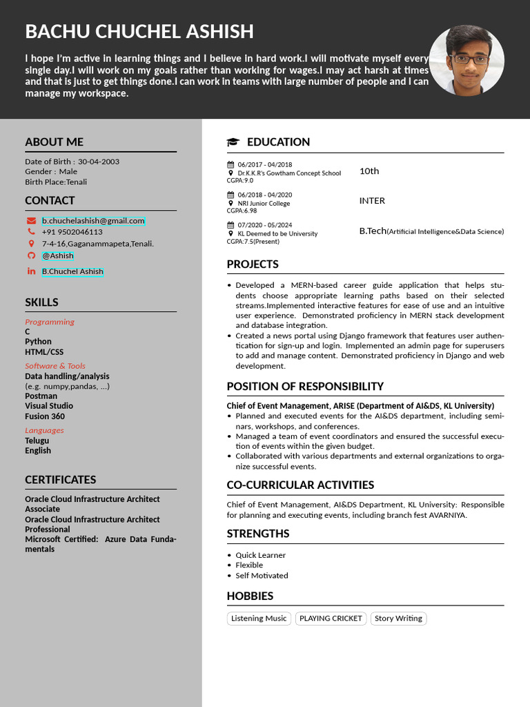Bachu Chuchel Ashish Resume | PDF | Artificial Intelligence | Intelligence (AI) & Semantics