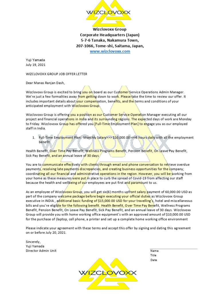 Wizclovoxx Groups Offer Letter | PDF | Employment | Pension