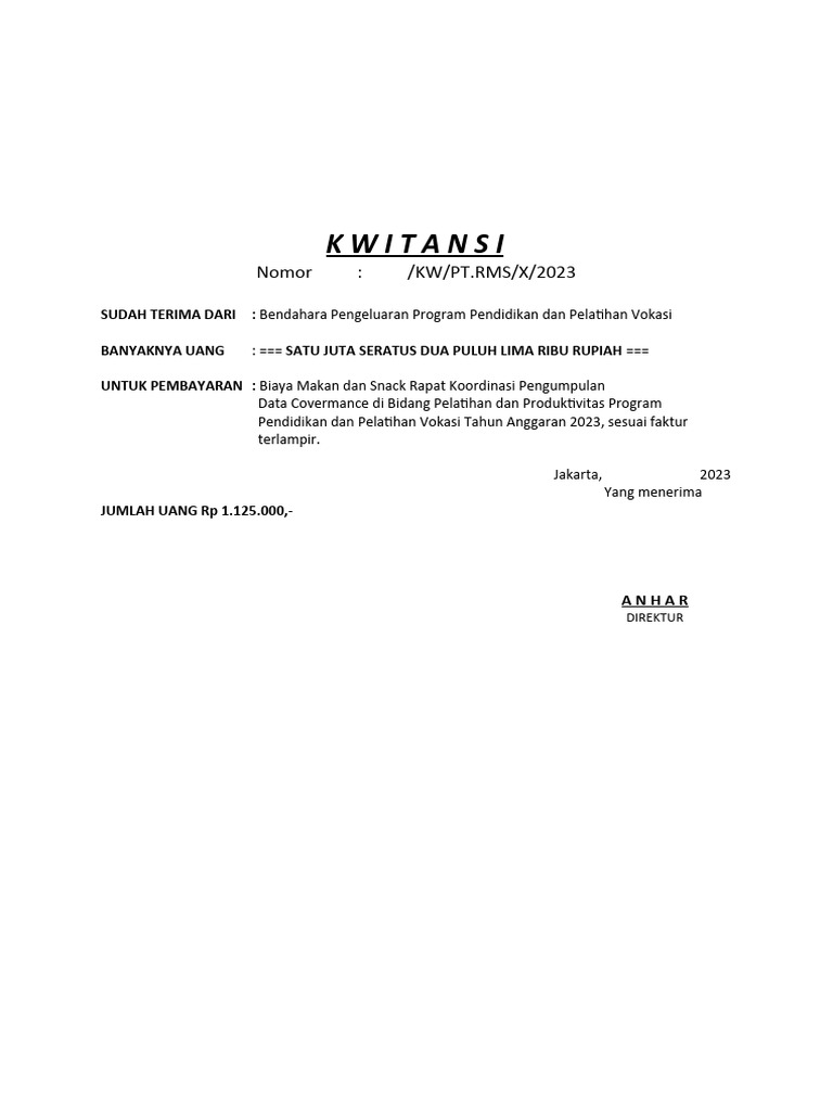 Kwitansi: Nomor: /KW/PT - RMS/X/2023 | PDF