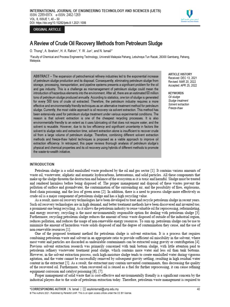 A Review of Crude Oil Recovery Methods From Petroleum Sludge | Download Free PDF | Petroleum | Waste