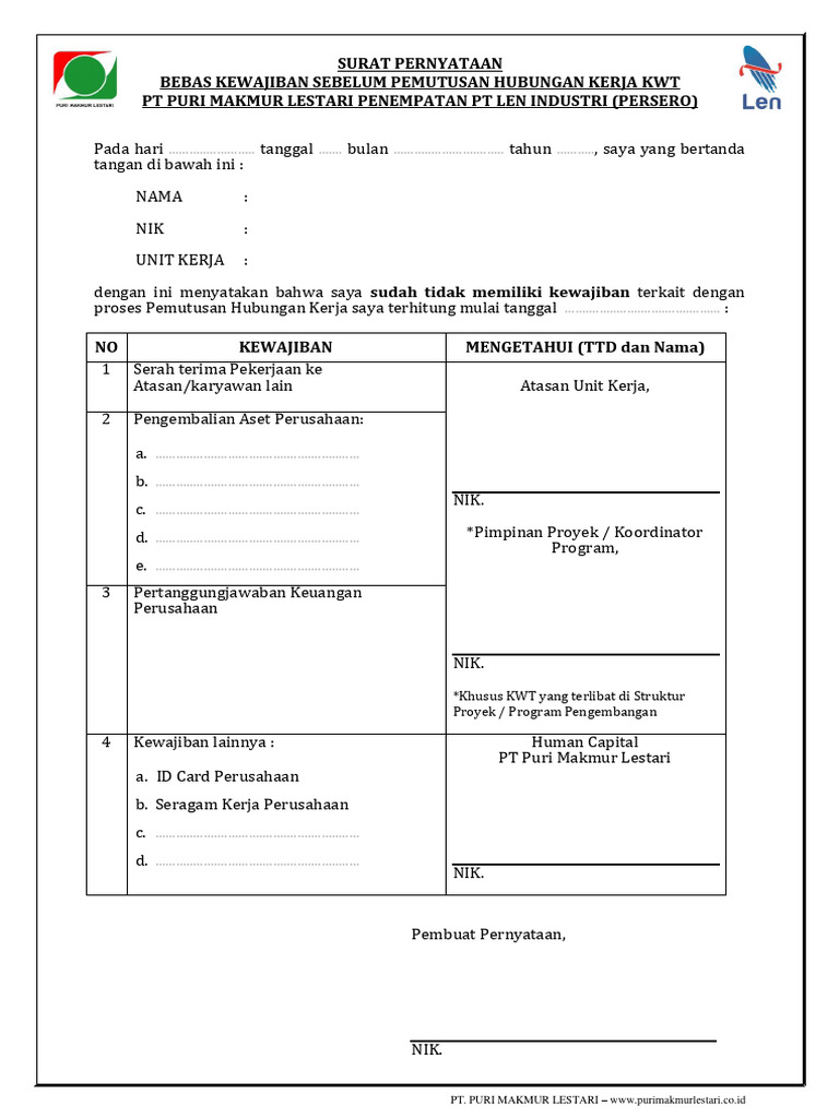 Surat Pernyataan Bebas Kewajiban KWT PML (PT Len) | PDF