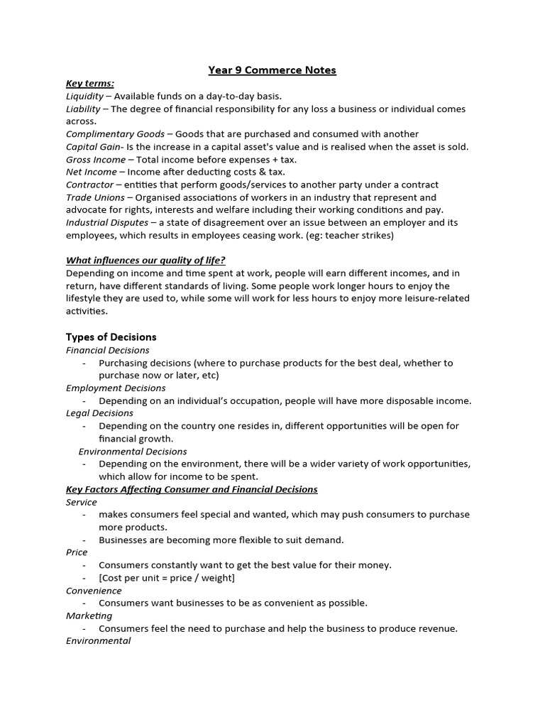 Year 9 Commerce Notes | Download Free PDF | Investing | Employment