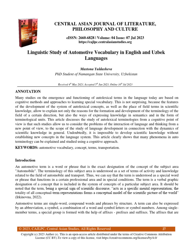 Linguistic Study of Automotive Vocabulary in English and Uzbek ...