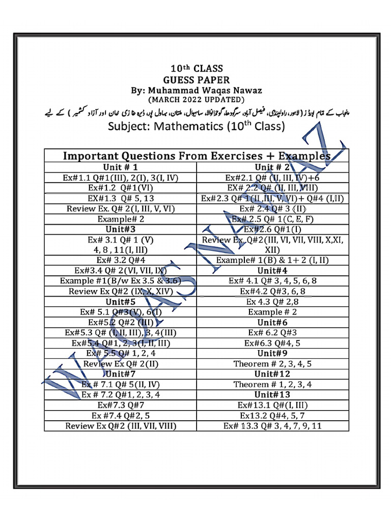 10th Class Maths Guess Paper 2022 (Waqas Nawaz) | PDF