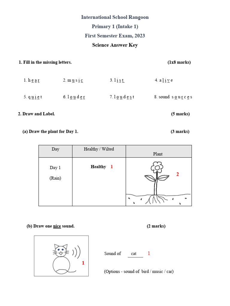 ISR Primary 1 Science Answer Key First Semester 2023 | PDF