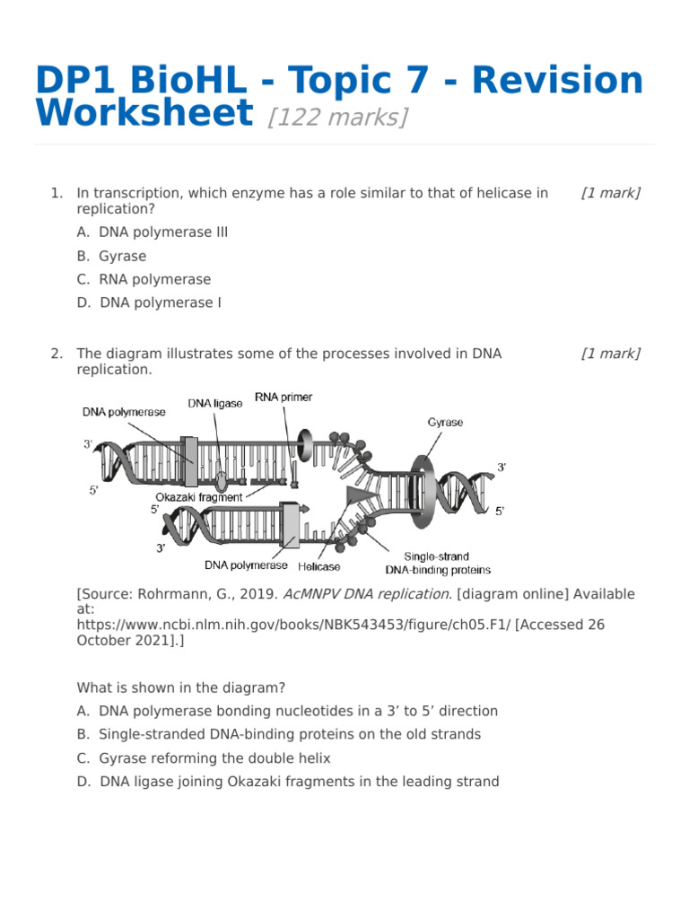 DP1 BioHL - Topic 7 - Revision Worksheet | PDF | Dna | Messenger Rna