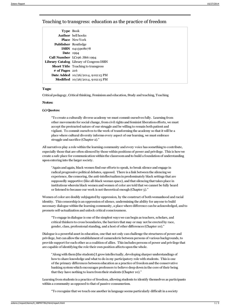 Teaching To Transgress | PDF | Pedagogy | Thought