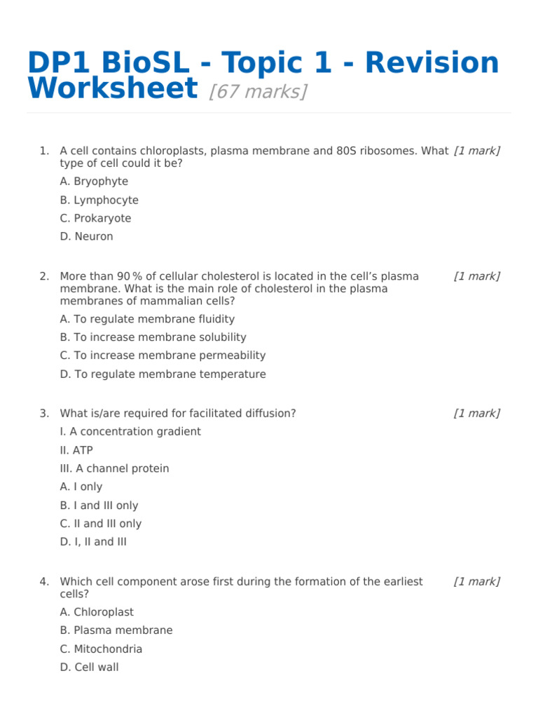 DP1 BioSL - Topic 1 - Revision Worksheet | PDF | Cell (Biology) | Cell ...