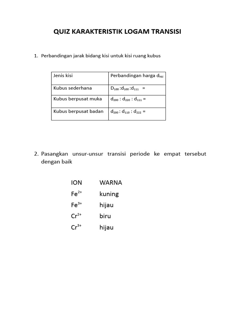 Quiz Karakteristik Logam Transisi Kelompok 4 New | PDF