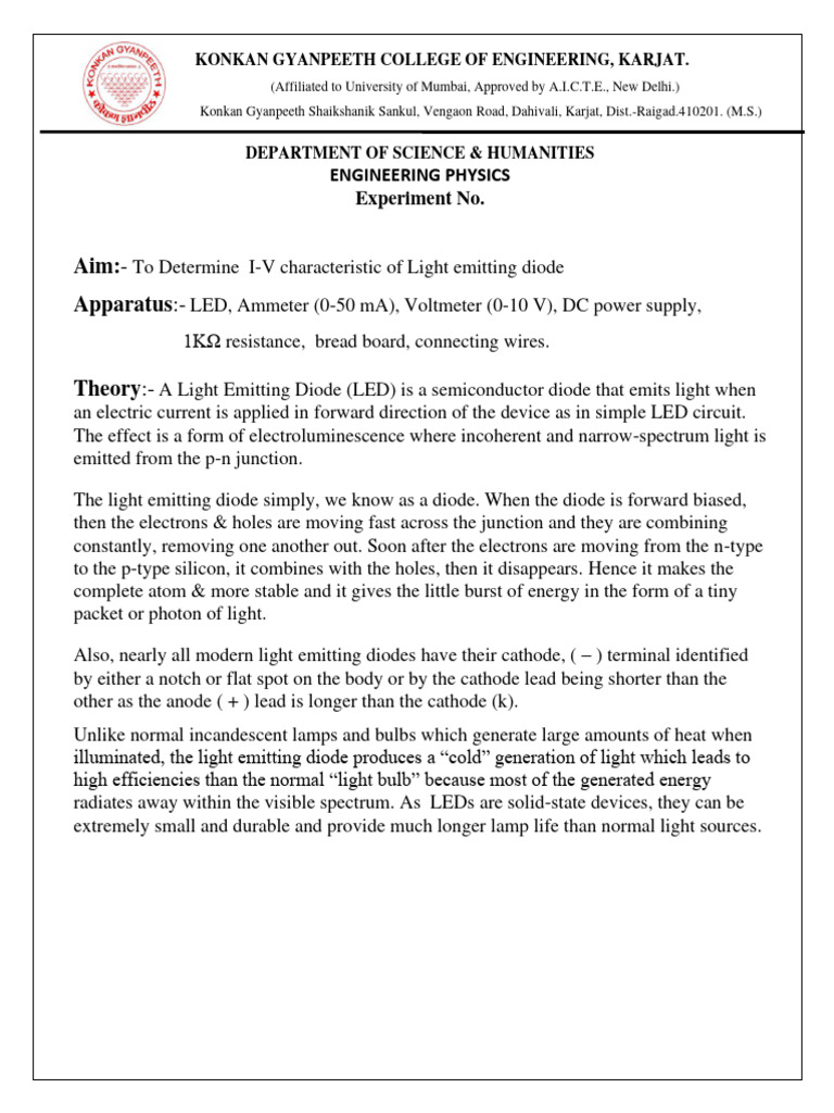 Experiment No.05, 2019-20 | PDF | Diode | Light Emitting Diode