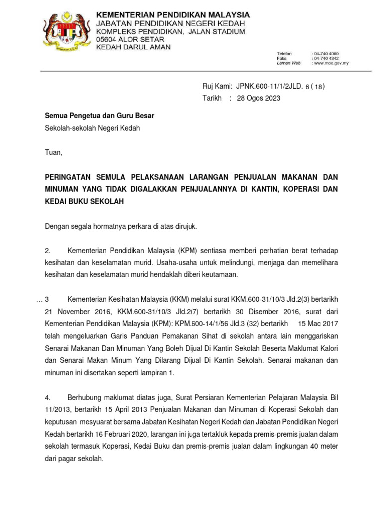 Surat Peringatan Semula Larangan Penjualan Dikantin, Kedai Buku | PDF