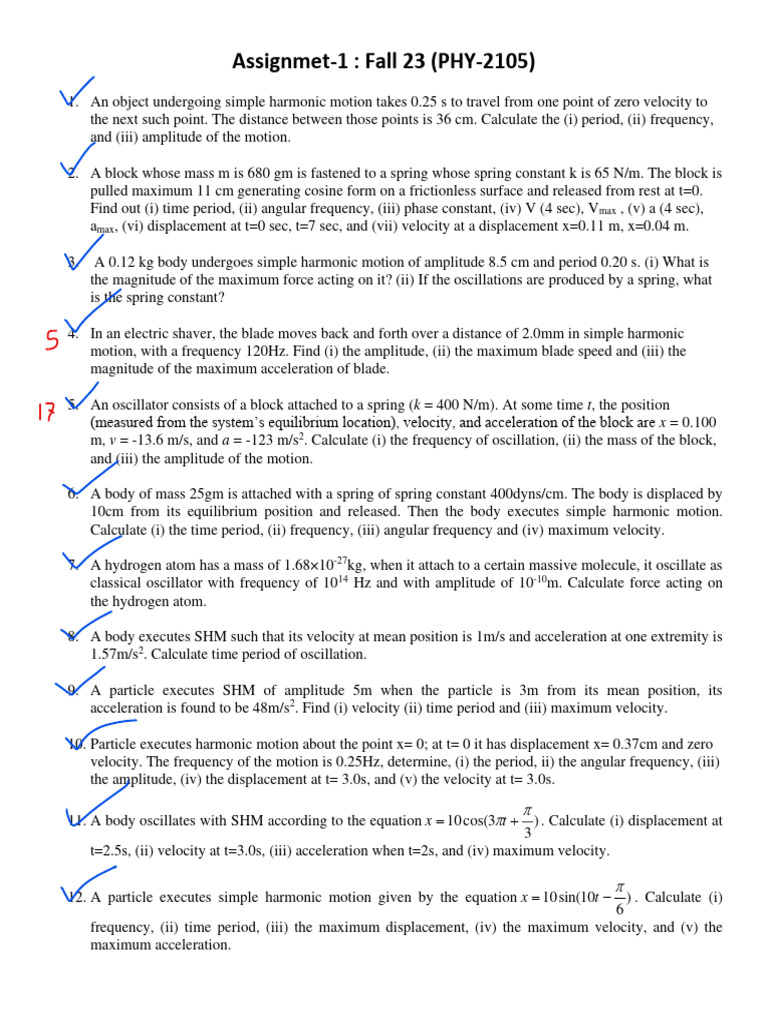 Physics Assignment 1 Fall 23 2105 Pdf Velocity Oscillation