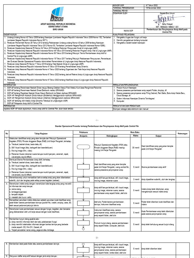 SOP Pemberkasan Dan Penyimpanan Arsip Aktif Pada Central File | PDF
