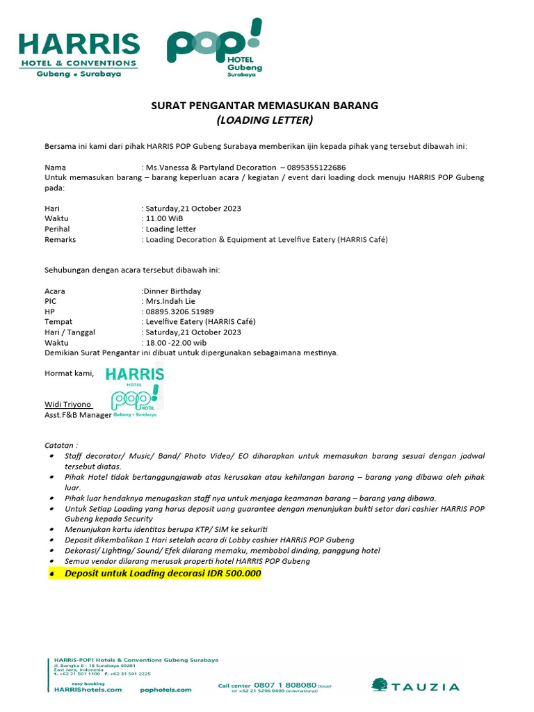 Loading Letter - Ms. Vanessa - 21 October 2023 | PDF