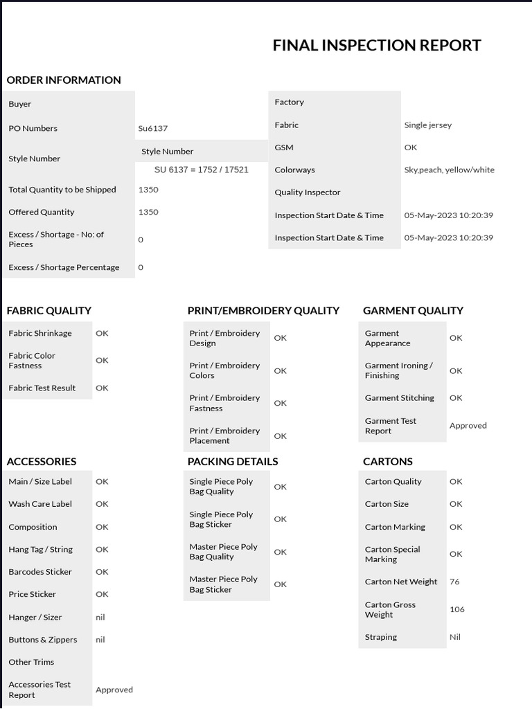 AQL 2.5 Final Inspection Report | PDF | Textiles | Clothing