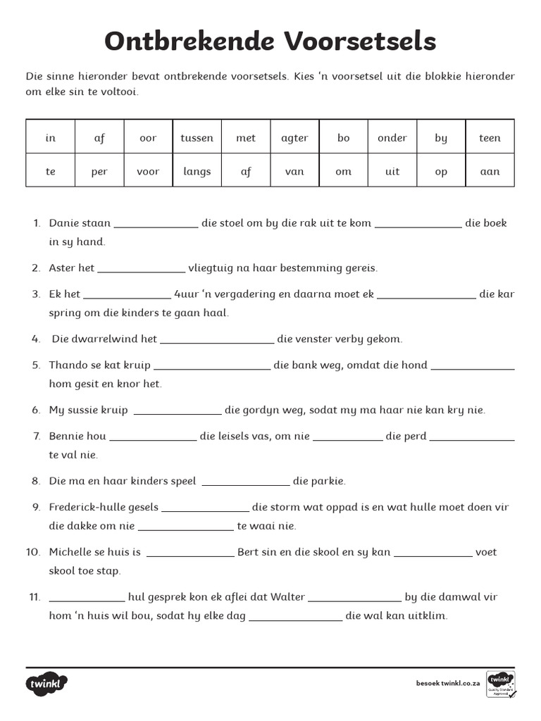 Ontbrekende Voorsetsels: Besoek Twinkl - Co.za | PDF