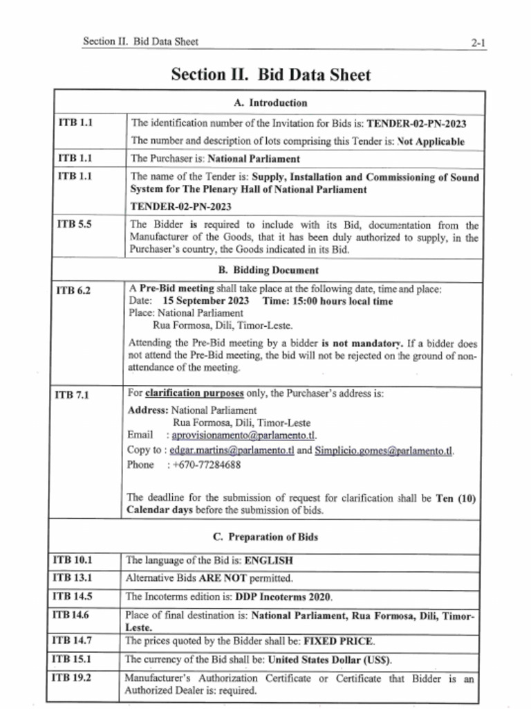 Section II Bidding Data Sheet | PDF