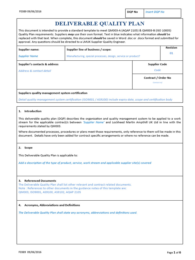 F0389 Deliverable Quality Plan Template | PDF | Iso 9000 | Business