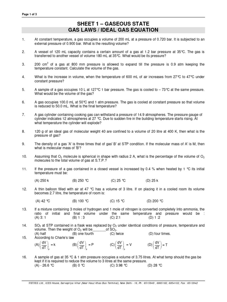 Sheet-1-Gaseous State | PDF | Gases | Litre