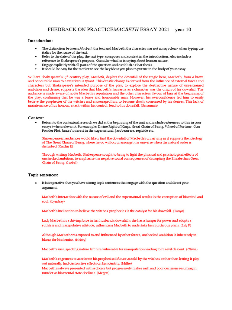 Feedback On Practice Macbeth Essay 2021 | PDF | Macbeth | William Shakespeare