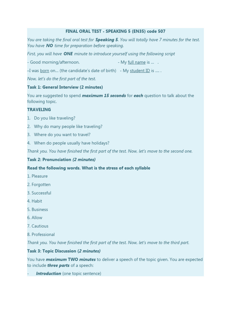 Speaking 5 - Final Oral Test | PDF | Cognition | Cognitive Science