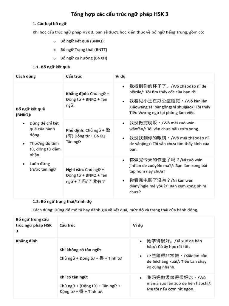 Tổng hợp các cấu trúc ngữ pháp HSK 3 | PDF
