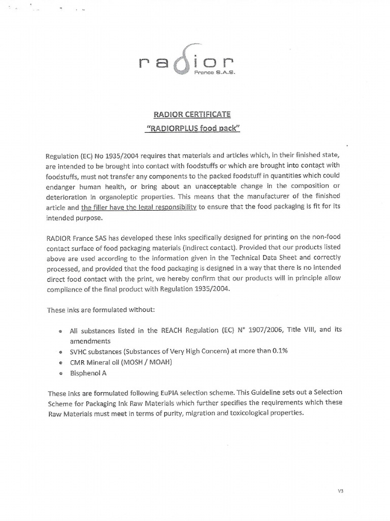 Radior Certificate For RADIORPLUS Food Pack | PDF