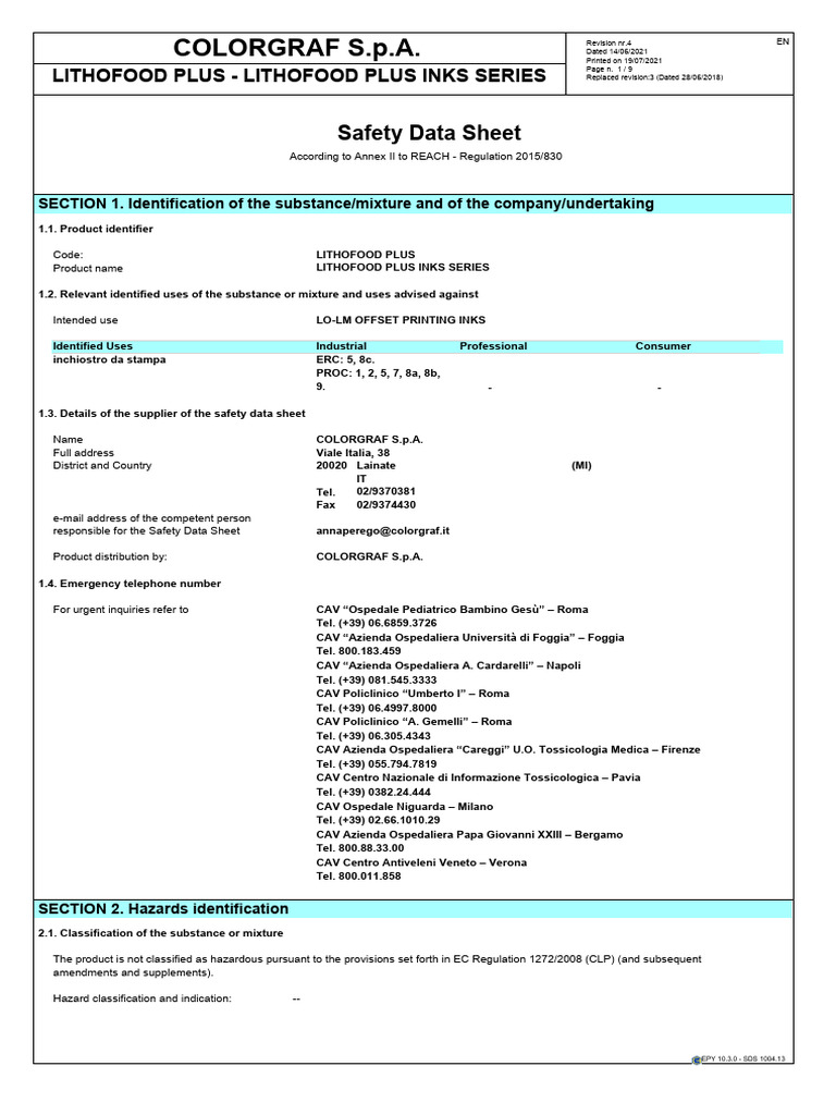 SDS - en - Lithofood Plus - CLP - 4 | PDF | Personal Protective ...
