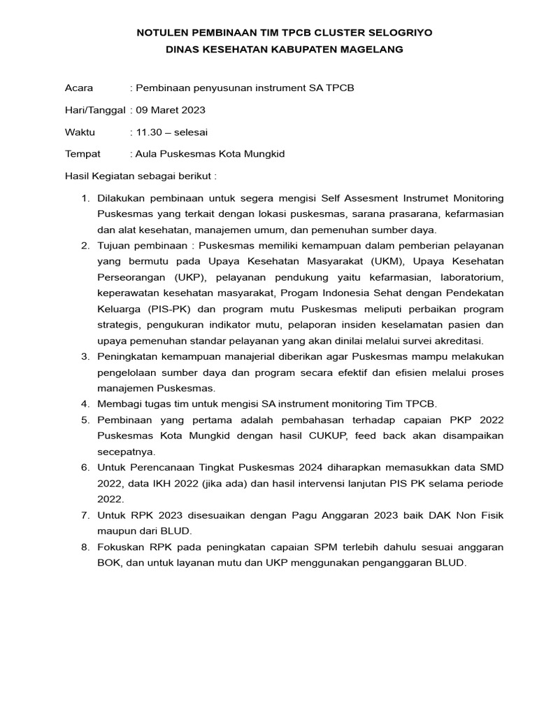 Notulen Pembinaan Tim TPCB Cluster Selogriyo | PDF