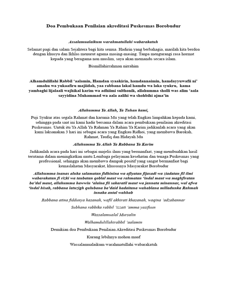 Doa Pembukaan & Penutupan Akreditasi Puskesmas Borobudur | PDF | Pengembangan Diri | Agama ...