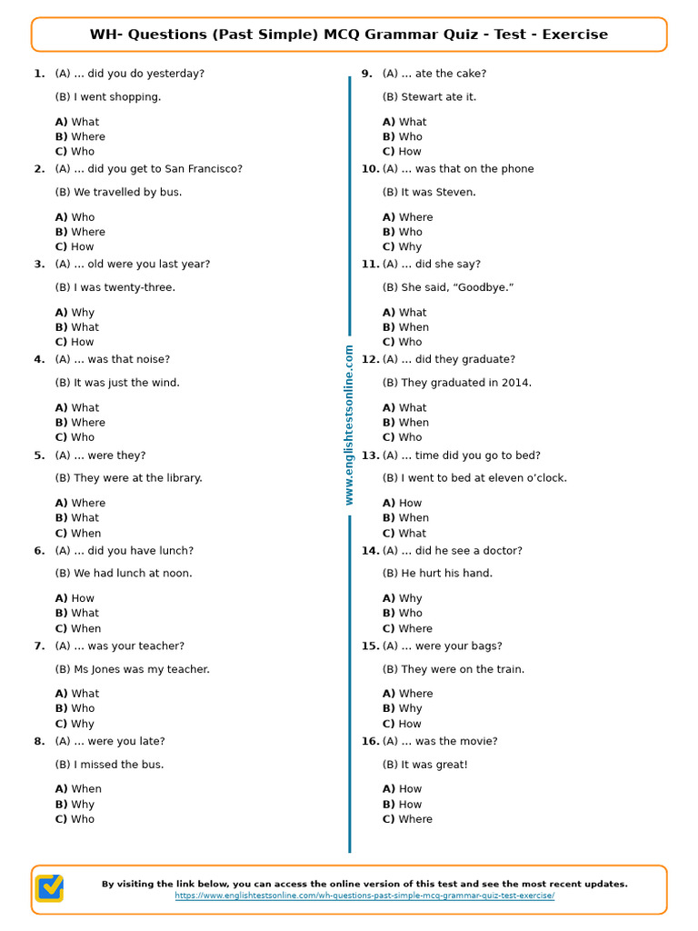 784 - WH Questions Past Simple MCQ Grammar Quiz Test Exercise | PDF