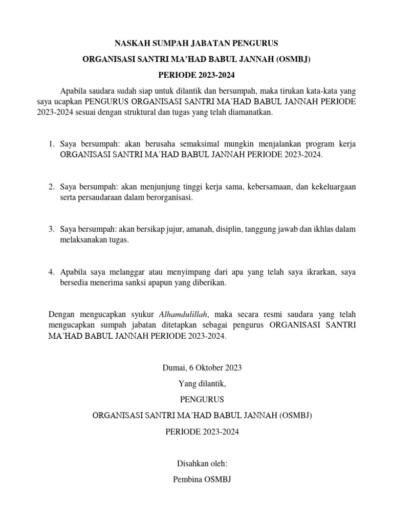 Naskah Sumpah Jabatan Pengurus | PDF