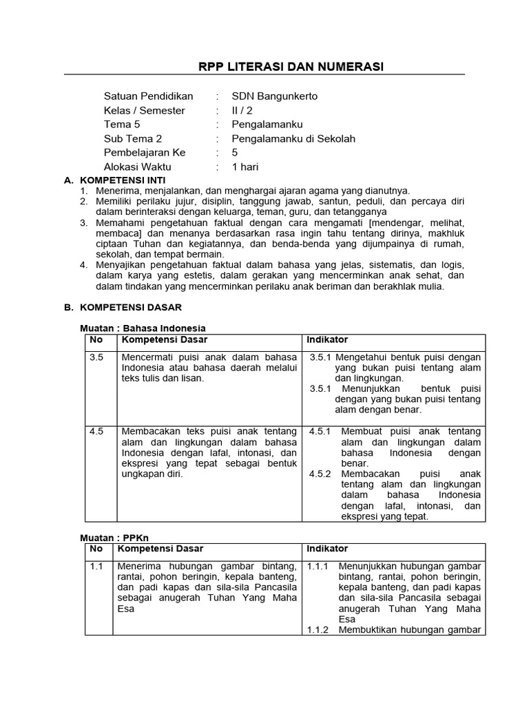 RPP Literasi Dan Numerasi Kelas 2 | PDF