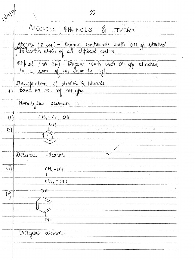 Chemistry Notes - Alcohols, Phenols and Ethers | PDF