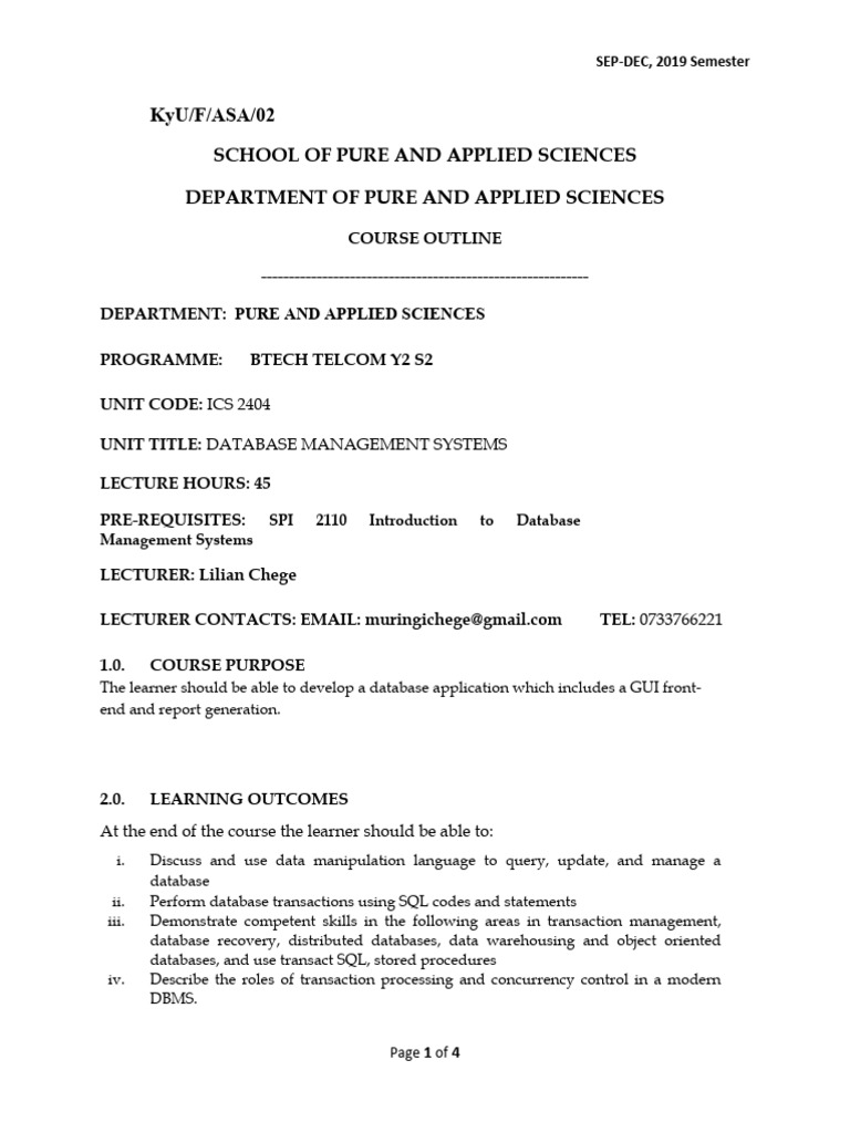 COURSE OUTLINE Database Systems | PDF | Databases | Database Transaction
