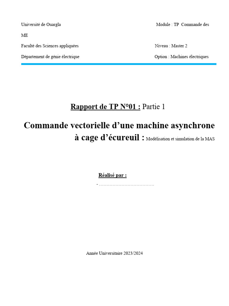 Rapport TP1 - 1 - Commande Vectorille de MAS | PDF