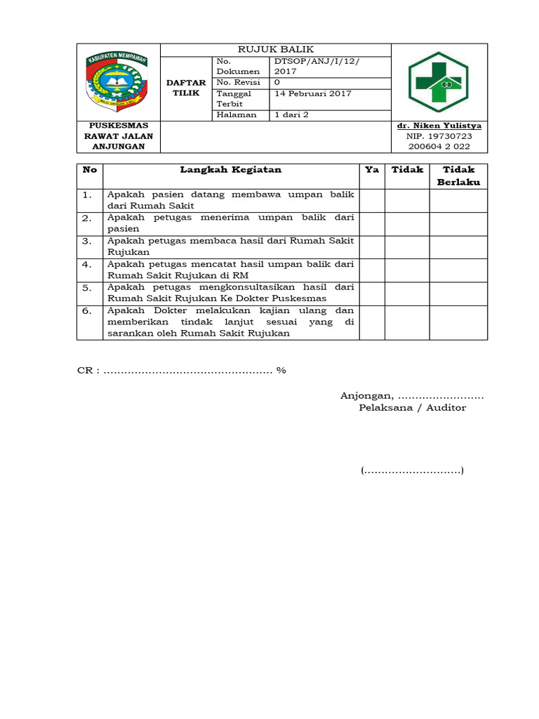 Daftar Tilik Sop Rujuk Balik | PDF