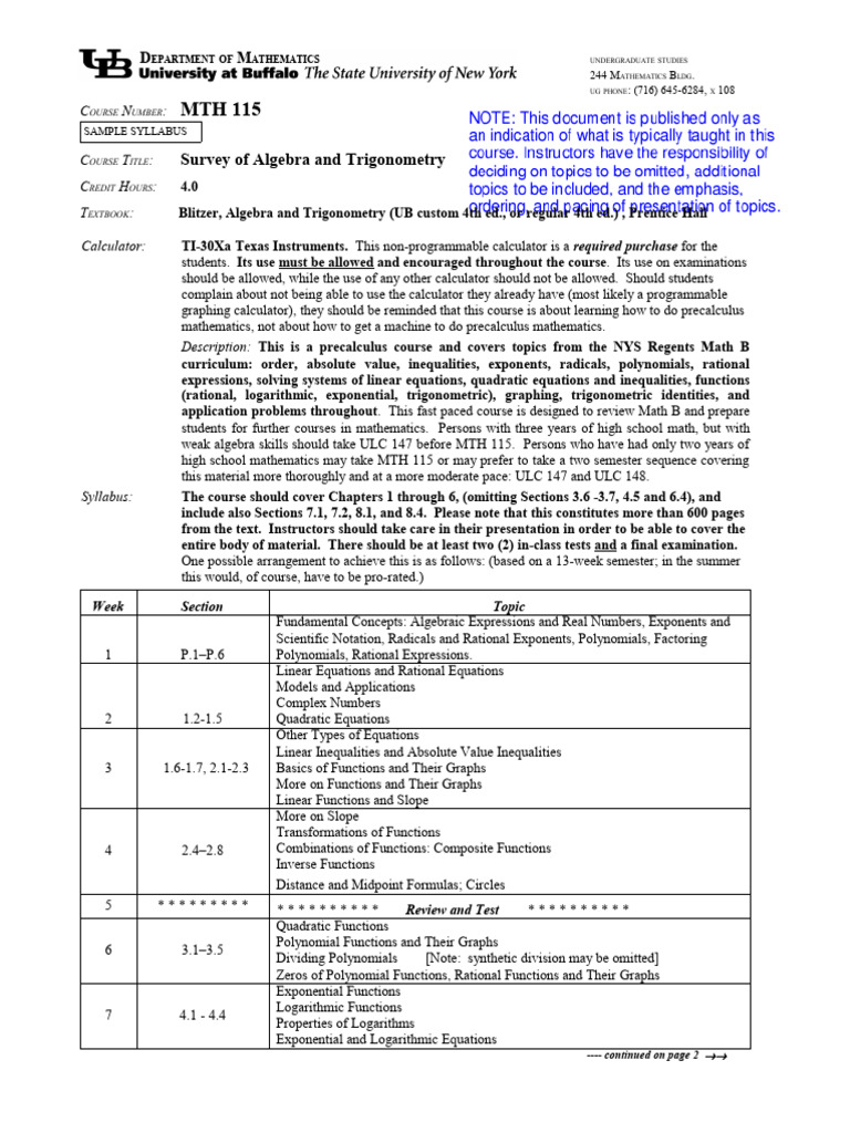 Syllabus Mth115-Alg | PDF | Trigonometric Functions | Function (Mathematics)
