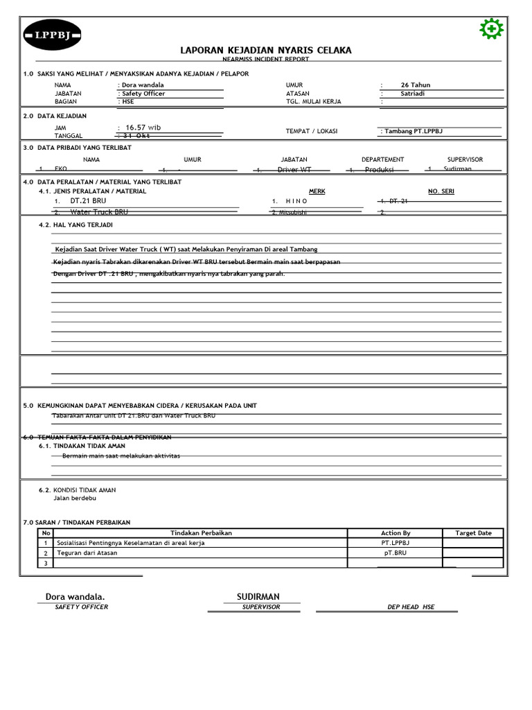 Laporan Near Miss PT - LPPBJ | PDF