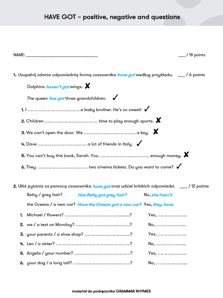 Short Test HAVE GOT Positive Negative and Questions | PDF
