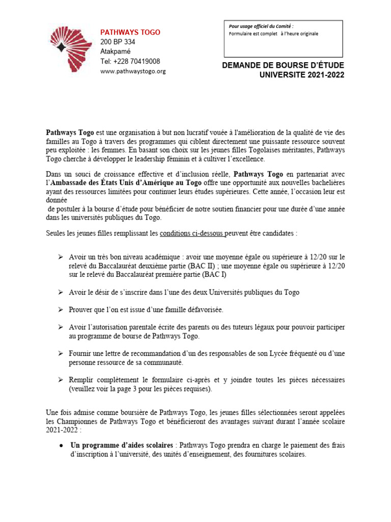 Formulaire de Demande de Bourse Université 2021-2022 | PDF