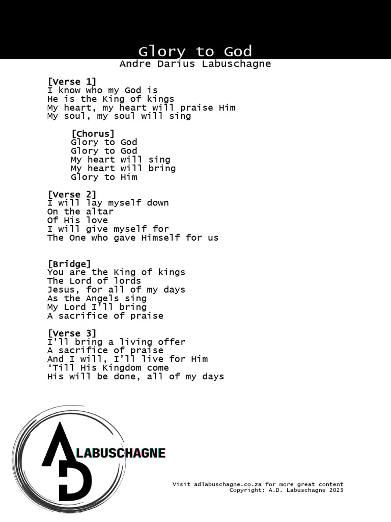 Glory To God Lyrics - A.D. Labuschagne | PDF