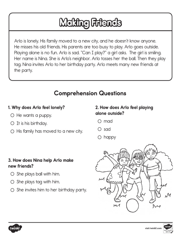 Black and White Kindergarten Making Friends Reading Passage ...