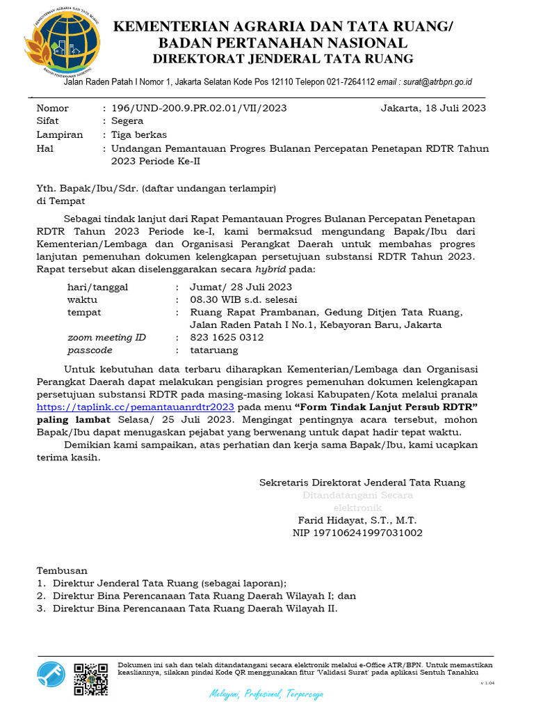 196-Undangan Pemantauan Progres Bulanan Percepatan Penetapan RDTR Tahun 2023 Periode Ke-II | PDF