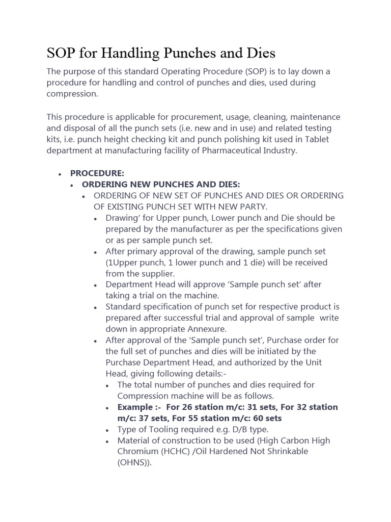 SOP For Handling Punches and Dies | PDF | Tablet (Pharmacy ...