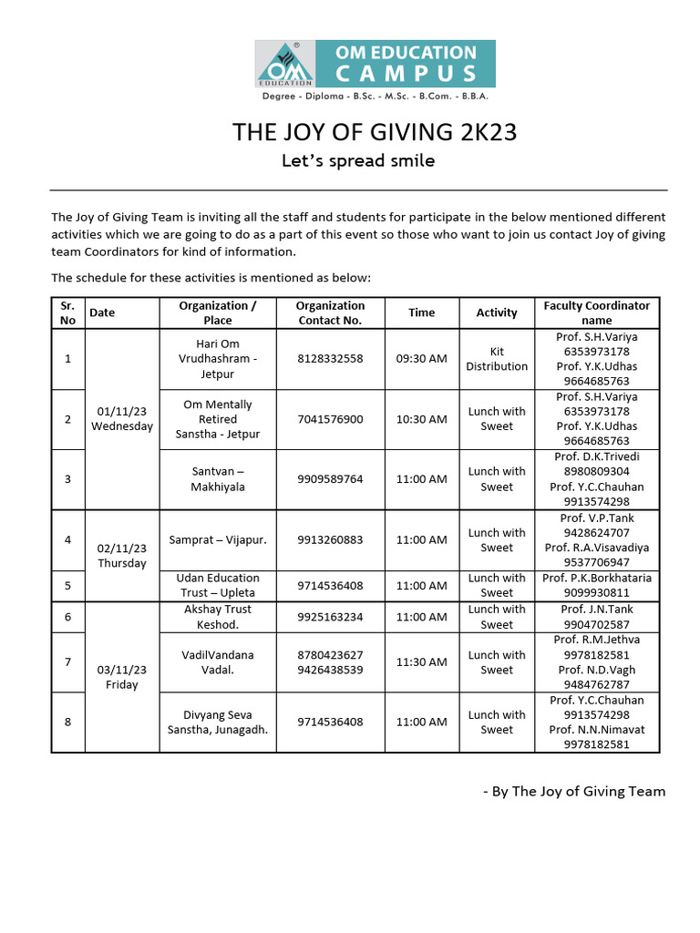 Schedule of The Joy of Giving 2023 | PDF