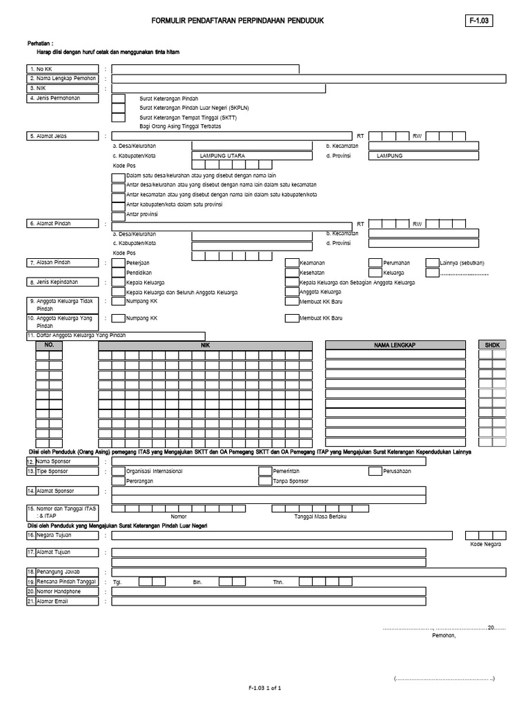 Formulir Pendaftaran Pindah Penduduk | PDF